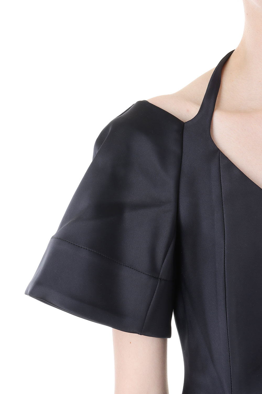 Double Satin Fitted Open-neck Blouse-BLACK(F8580) | セレクトショップ ...